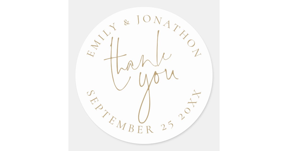 Wedding Gold Script Thank You Names Date Classic Round Sticker | Zazzle