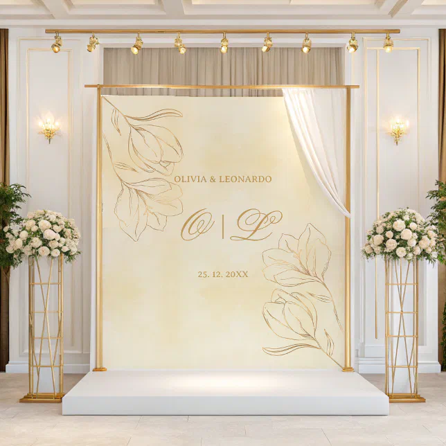 Wedding Golden Floral On Cream Background Backdrop | Zazzle