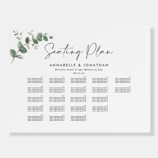 Wedding greenery Eucalyptus botanical seating plan Foam Board | Zazzle