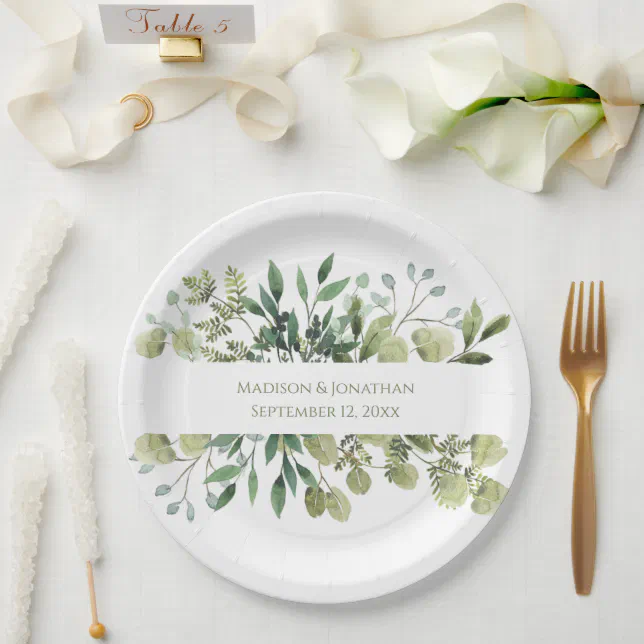 Wedding Greenery Eucalyptus Watercolor Names Date Paper Plates | Zazzle