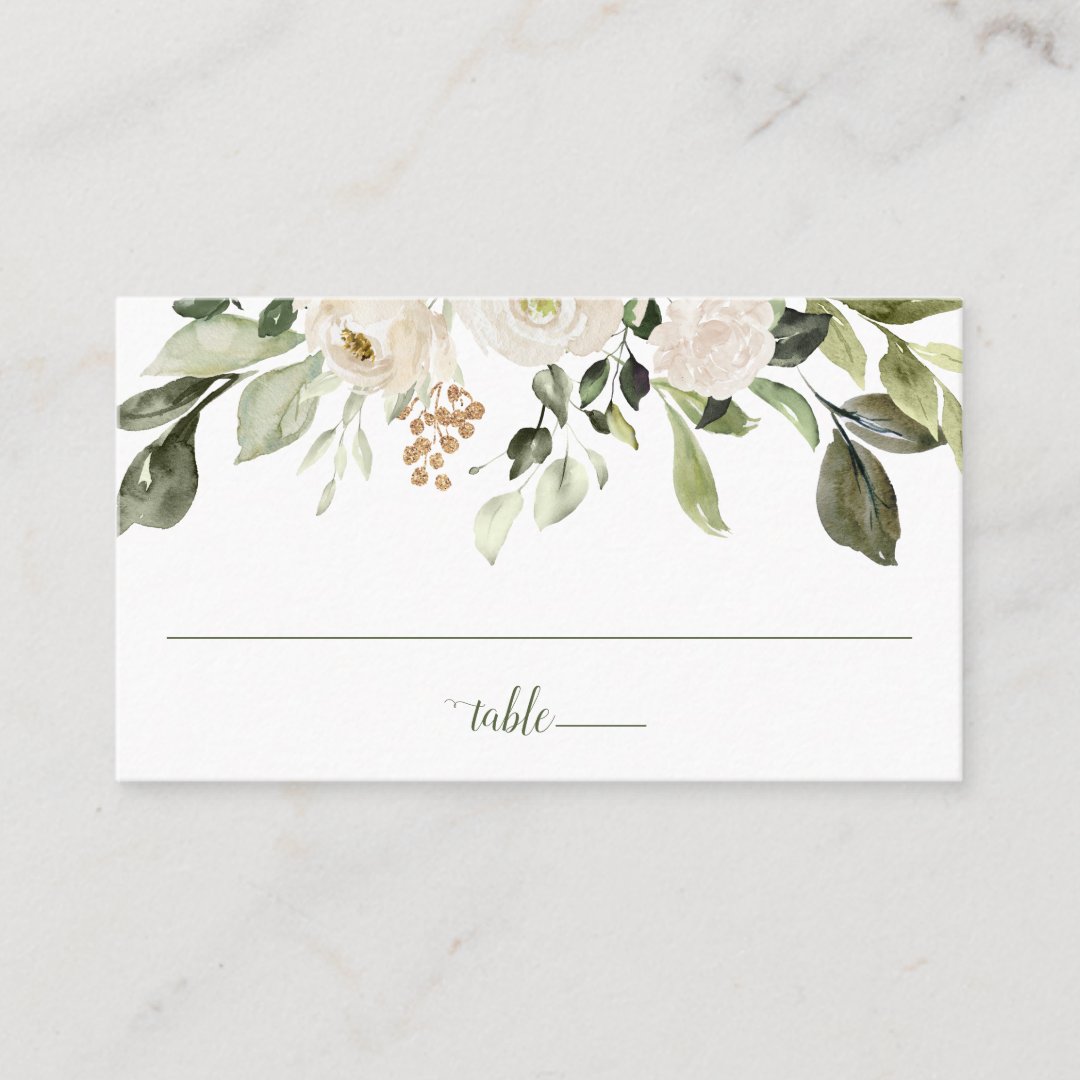 Wedding Greenery Foliage White Watercolor Floral Place Card | Zazzle