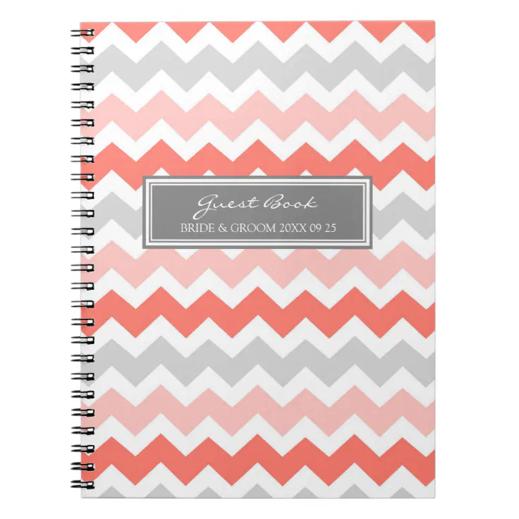 Wedding Guest Book Coral Gray Chevron Notebook | Zazzle