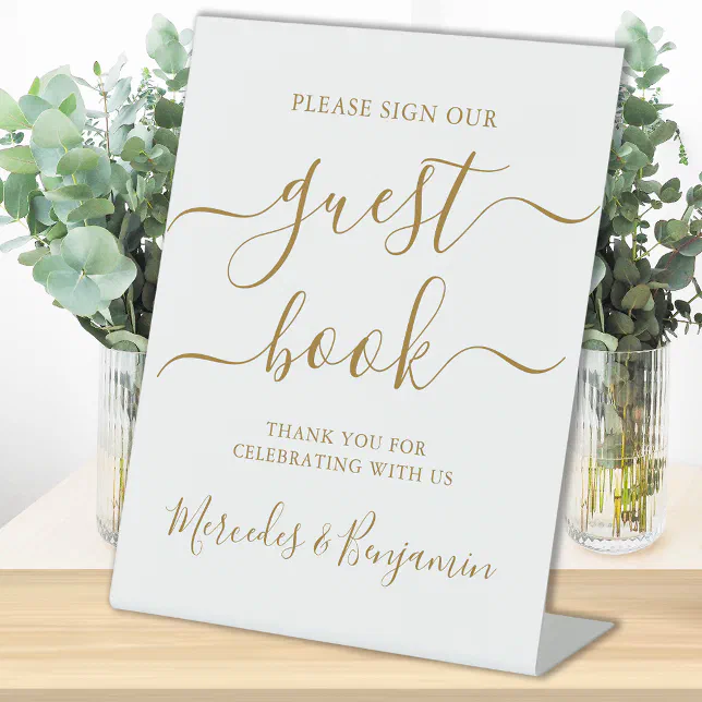 Wedding Guest Book Gold Elegant Calligraphy Pedestal Sign | Zazzle