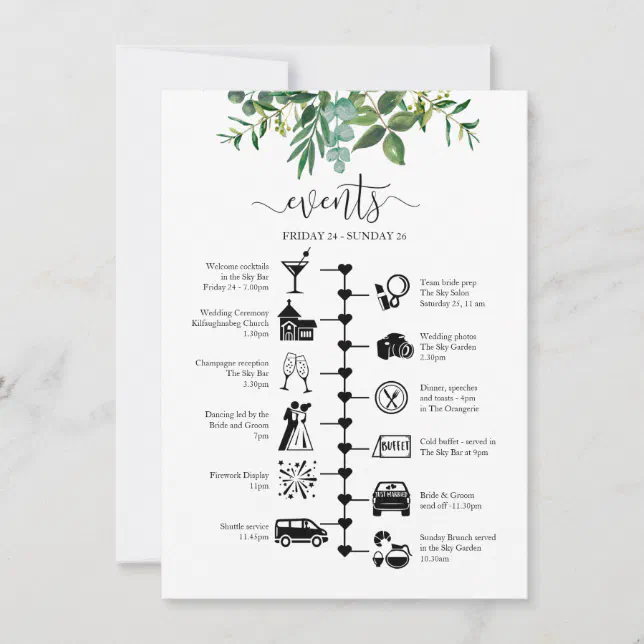 Wedding Guest Itinerary Greenery Illustrated Advice Card | Zazzle
