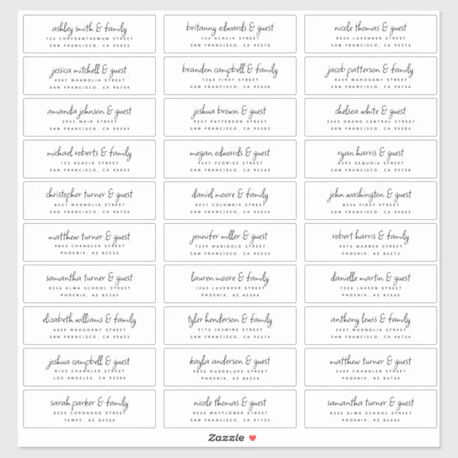 Wedding Guest Names & Address Modern Chic Fun Sticker | Zazzle