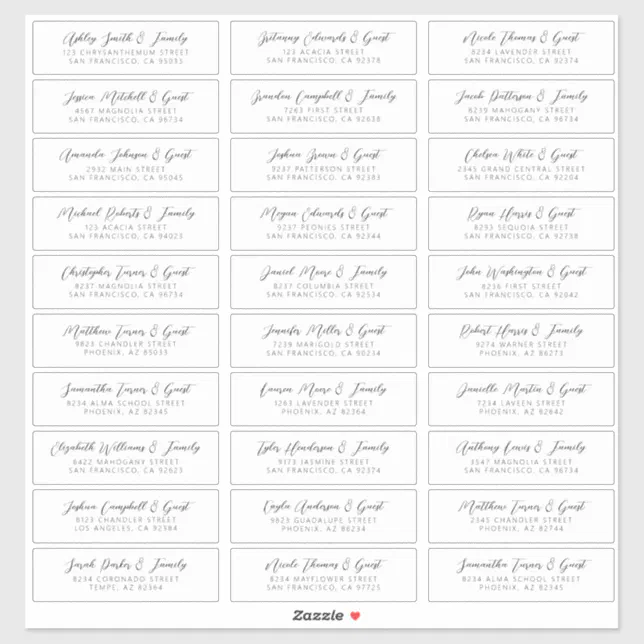 Wedding Guest Names Address Simple Chic Modern Sticker | Zazzle