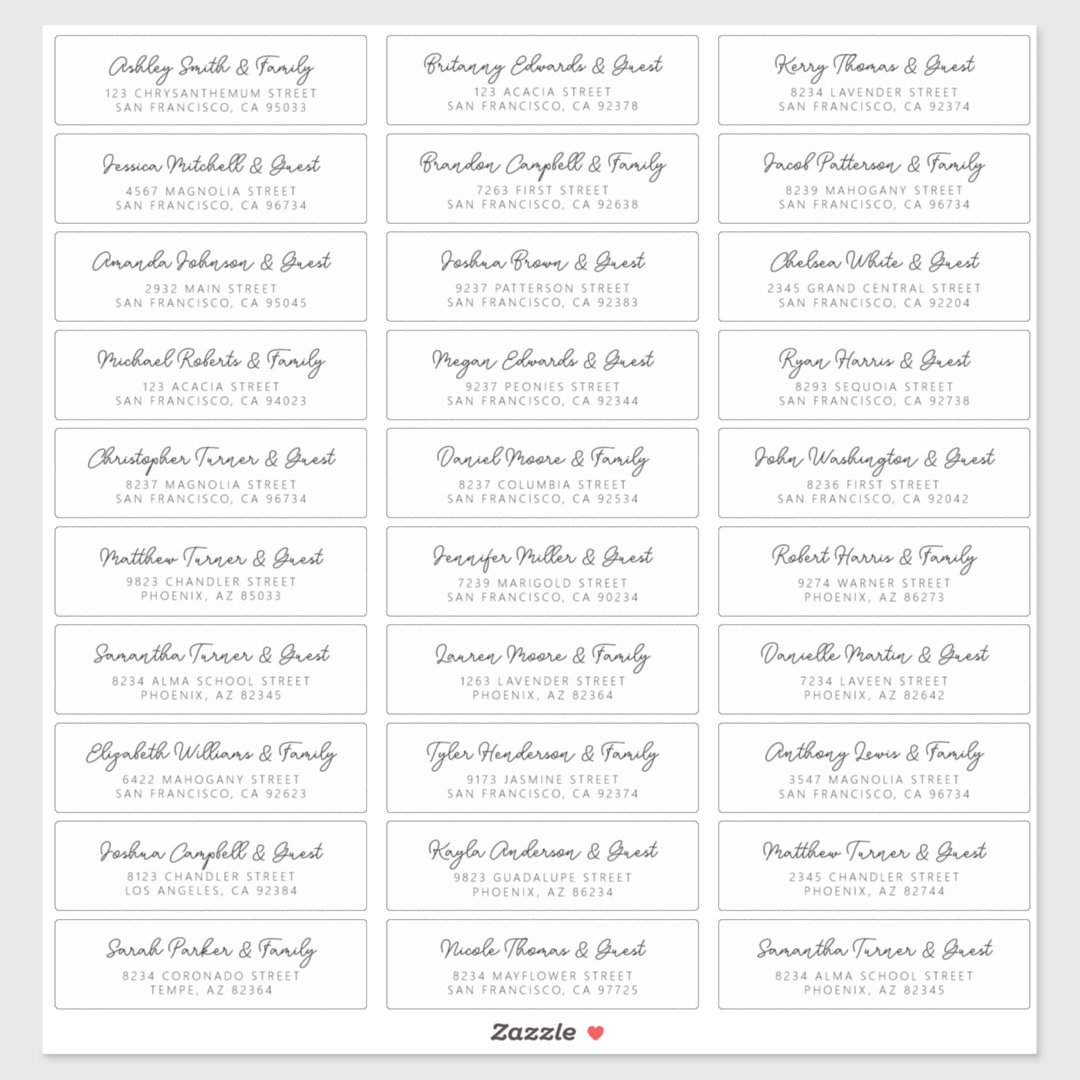 Wedding Guest Names Address Simple Modern Chic Sticker | Zazzle