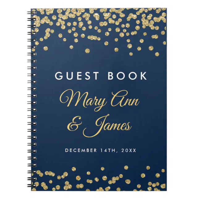Wedding Guestbook Gold Faux Glitter Confetti Navy Notebook | Zazzle
