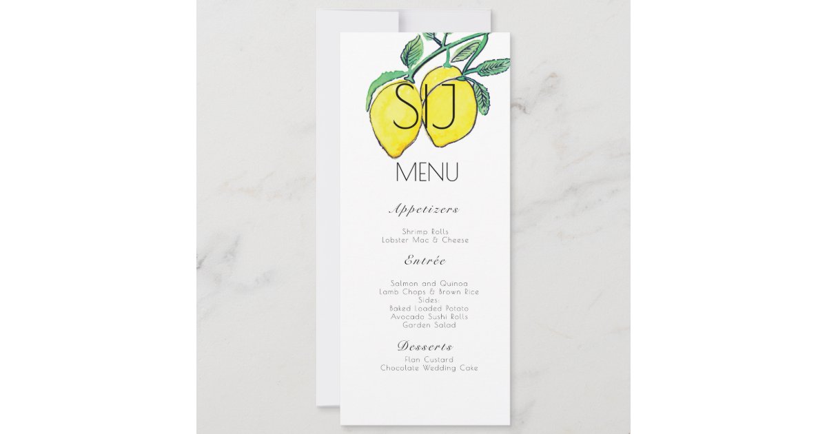 Wedding Hand Watercolor Lemon Bunch Dinner Menu | Zazzle