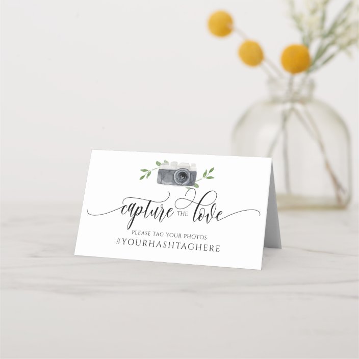 Wedding Hashtag Sign Calligraphy Watercolor Camera Place Card | Zazzle.com