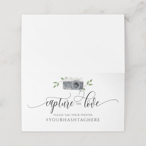 Wedding Hashtag Sign Calligraphy Watercolor Camera Place Card | Zazzle