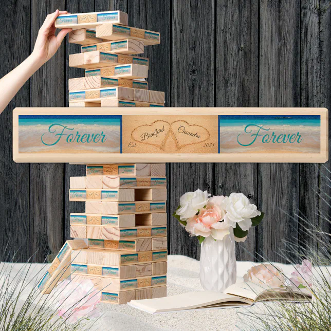 Wedding Hearts in Sand Family Monogram, Topple Tower | Zazzle