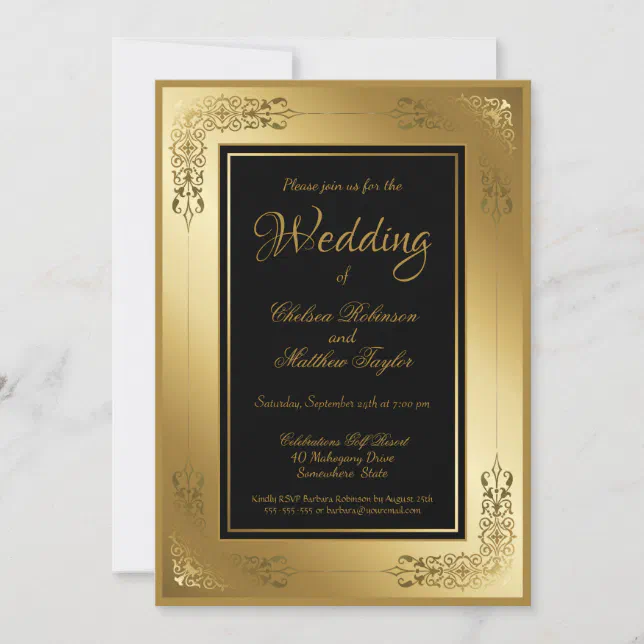 Wedding Invitation Black with Gold Frame | Zazzle