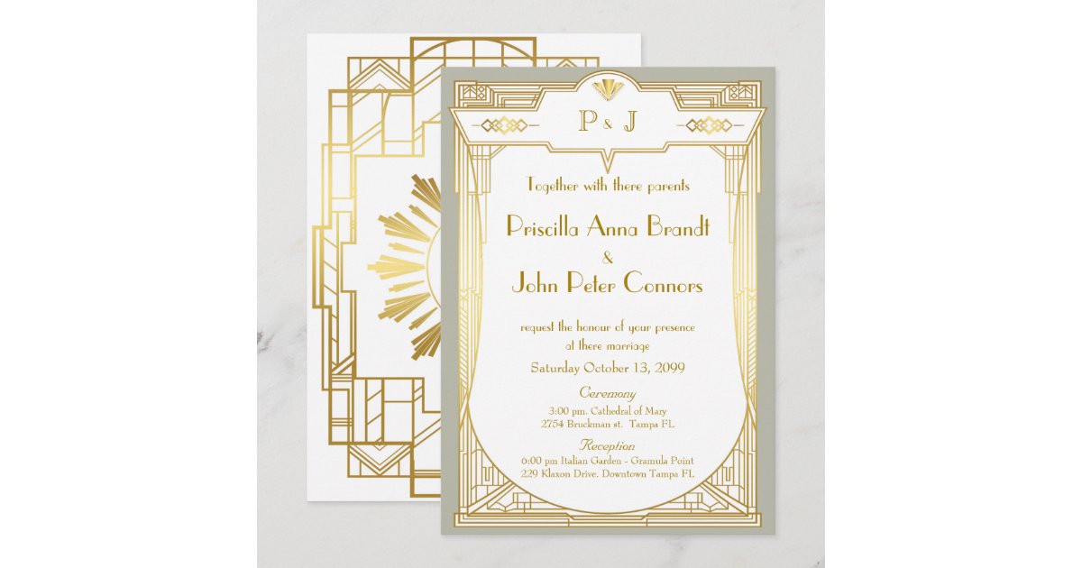 Wedding invitation card,Great Gatsby,gold grey | Zazzle