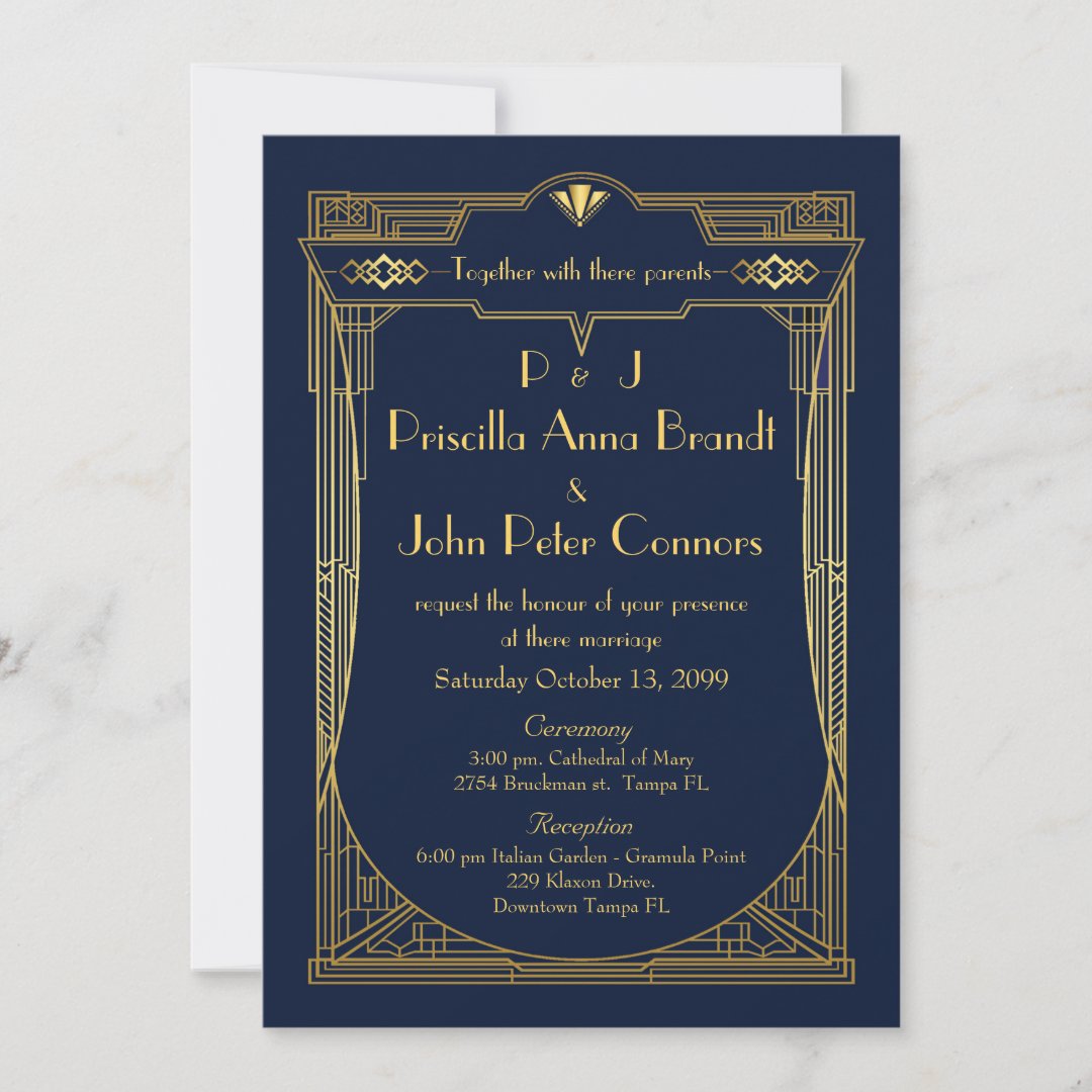 Wedding invitation card,Great Gatsby, navy, gold | Zazzle