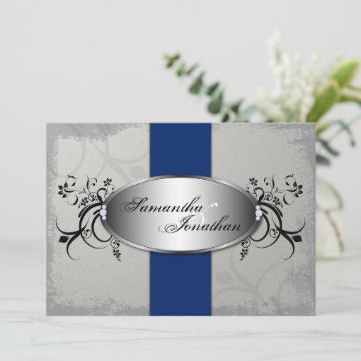 Wedding Invitation Elegant Gray Royal Blue Floral | Zazzle
