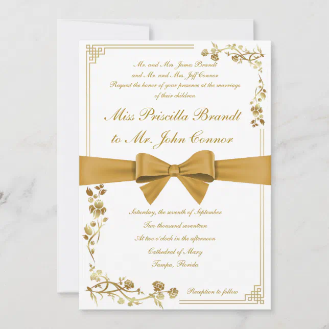 Wedding invitation golden ribbon | Zazzle