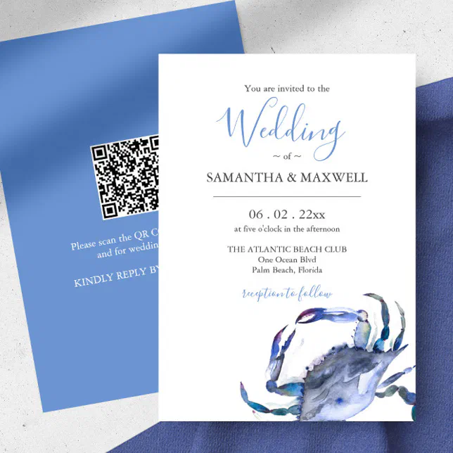 Wedding Invitation with QR Code Watercolor Crab | Zazzle