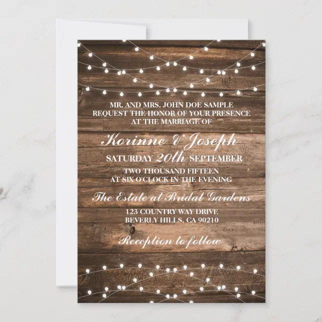 Wedding Invitation Wood and string lights | Zazzle