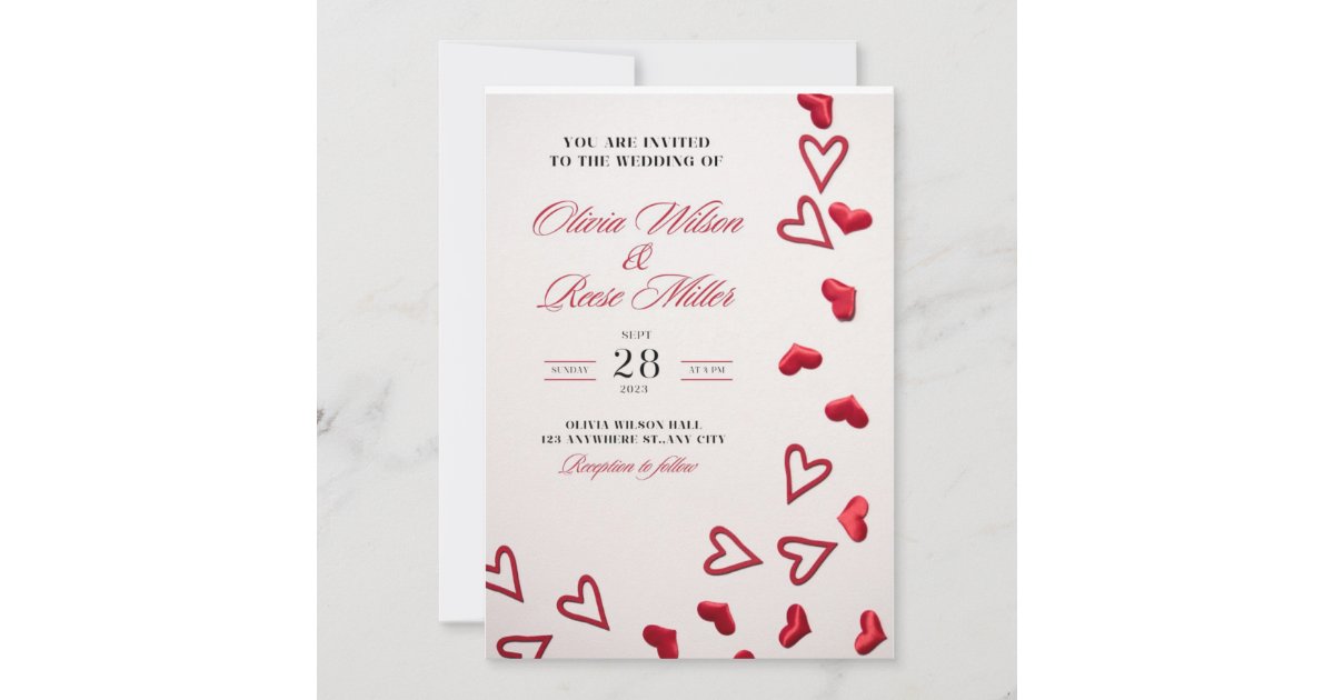 Wedding invitations with red hearts romantic love | Zazzle