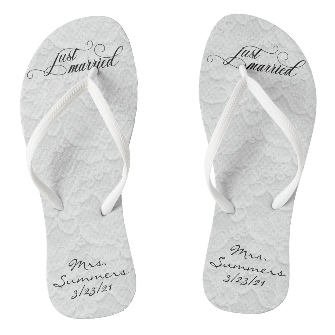 Wedding Just Married White Lace Personalized Bride Flip Flops | Zazzle
