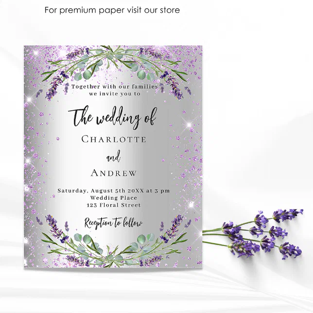 Wedding lavender silver floral budget invitation flyer | Zazzle