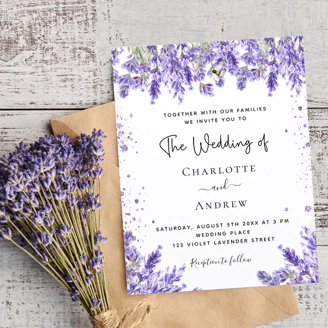 Wedding lavender violet glitter budget invitation flyer | Zazzle