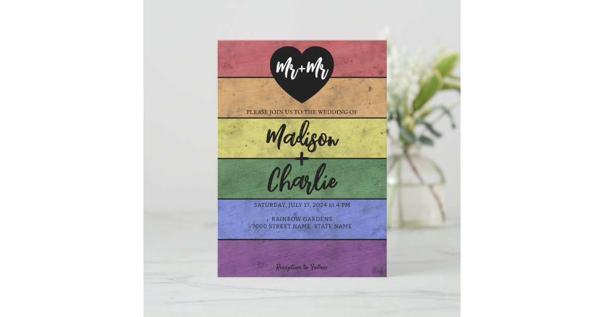 Wedding LGBT flag pride Vintage heart Mr and Mr Invitation | Zazzle