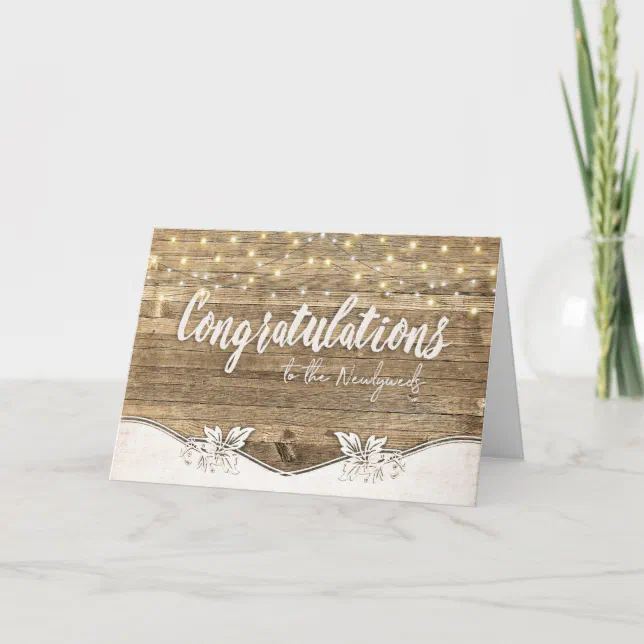 wedding lights on rustic wood card | Zazzle