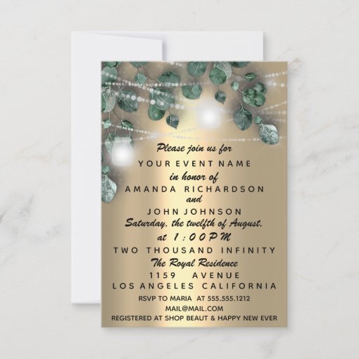 Wedding Lights Rustic Green Dress Diamond Gold Invitation | Zazzle