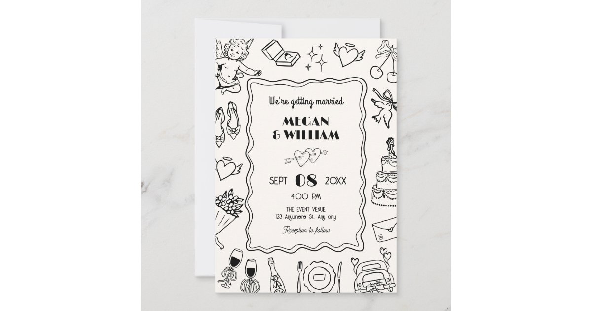 Wedding line art sketch fun invitation | Zazzle
