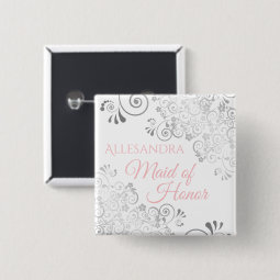 Wedding Maid of Honor Name Tag Pink & Gray Button | Zazzle