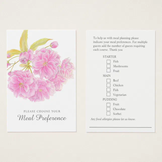 Wedding meal preference pink floral cards | Zazzle