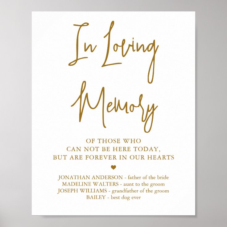 Wedding Memorial Elegant Gold In Loving Memory Poster | Zazzle