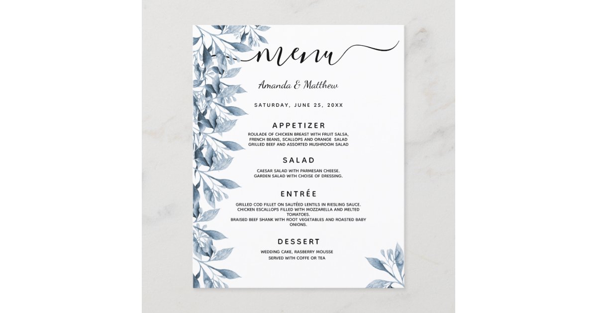Wedding Menu blue white botanical florals | Zazzle