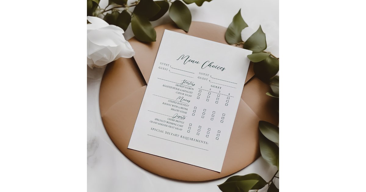 Wedding Menu Choice Meal Selection Card | Zazzle