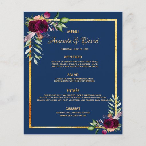 Wedding Menu florals navy blue burgundy | Zazzle