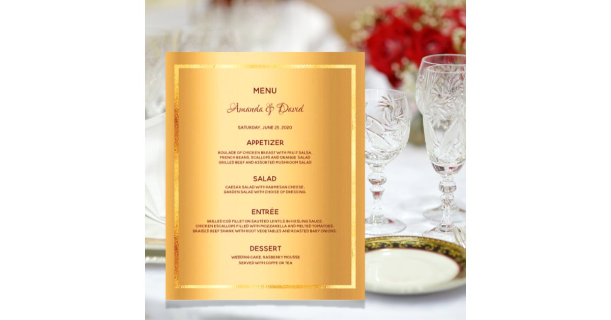 Wedding Menu gold metallic glam elegant | Zazzle