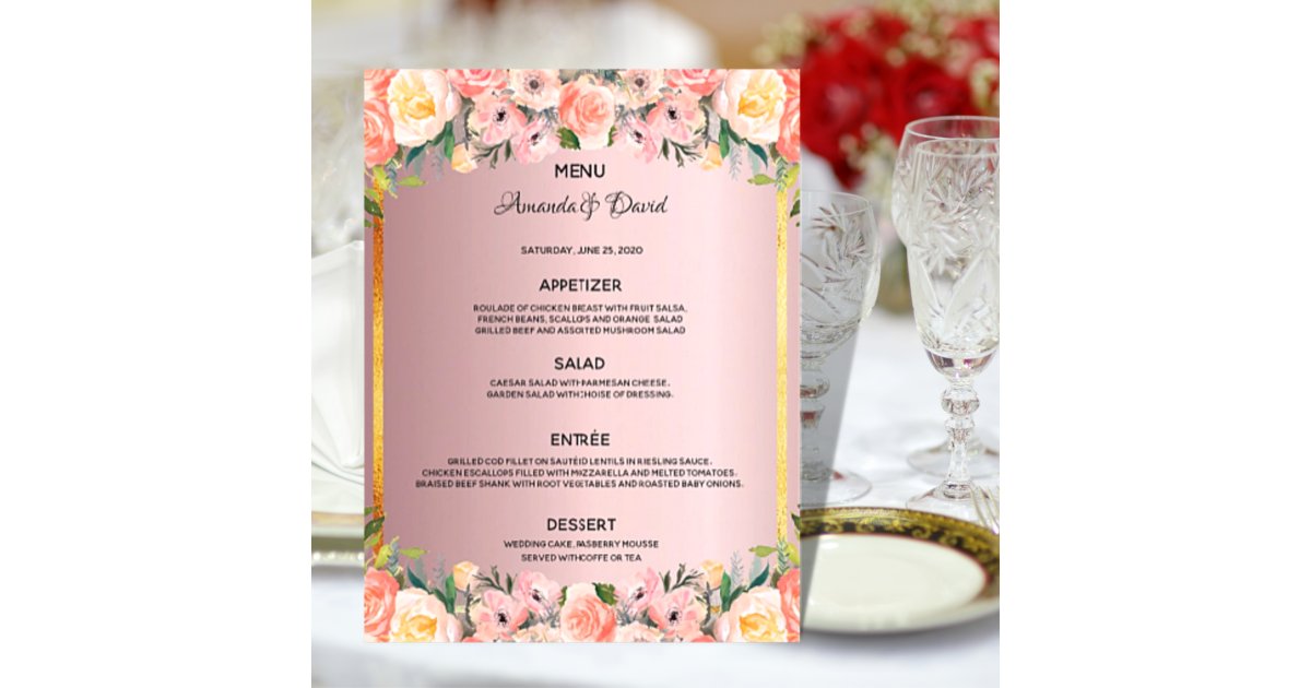 Wedding Menu pink florals dusty rose gold elegant | Zazzle