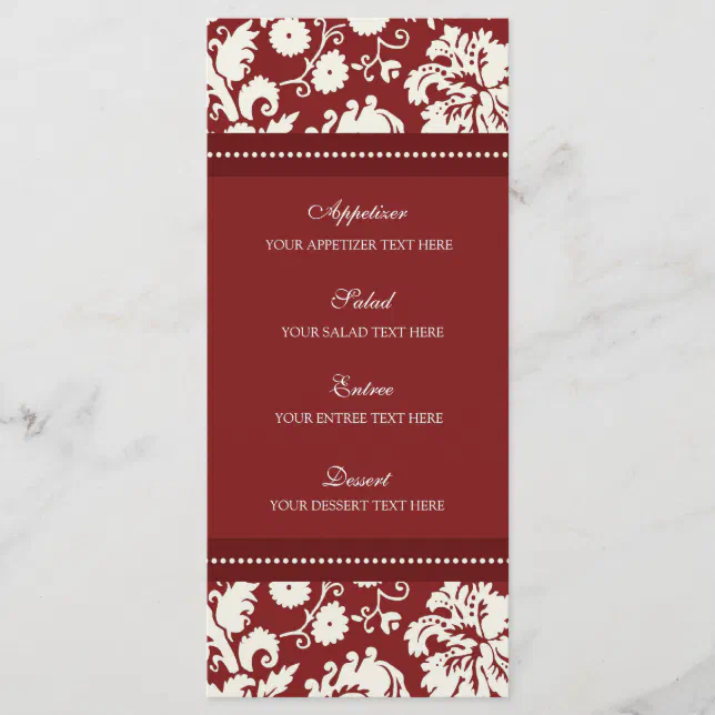 Wedding Menu Red Floral Damask | Zazzle