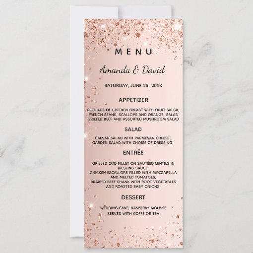 Wedding Menu rose gold glitter sparkles card | Zazzle