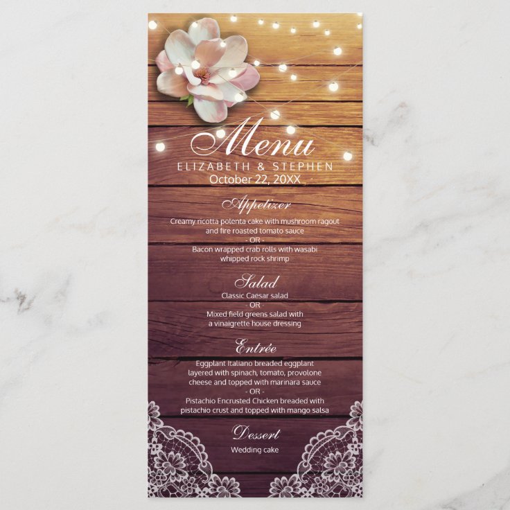 Wedding Menu Rustic Wood Floral String Lights Lace | Zazzle