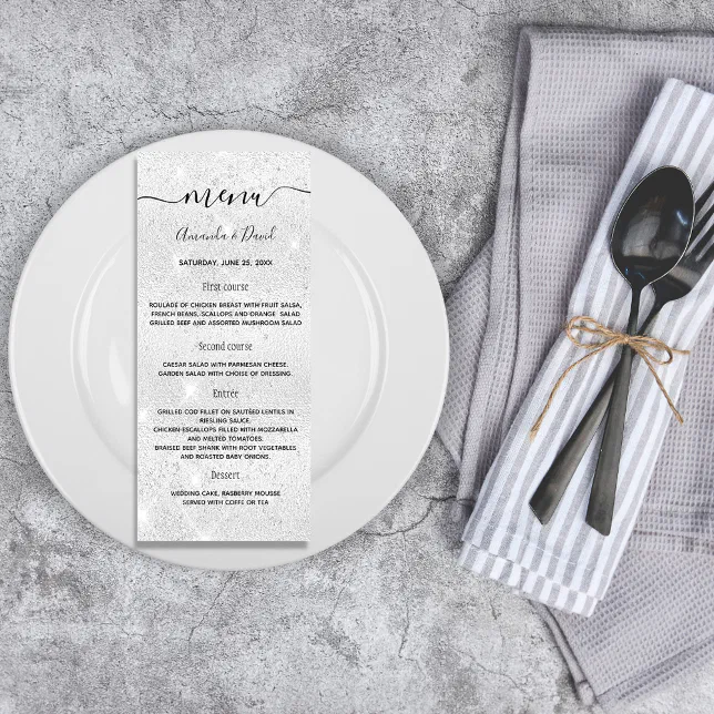 Wedding Menu silver glitter dinner | Zazzle