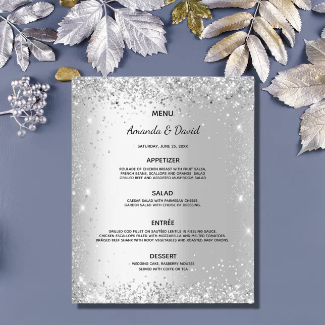 Wedding Menu silver glitter sparkles elegant | Zazzle