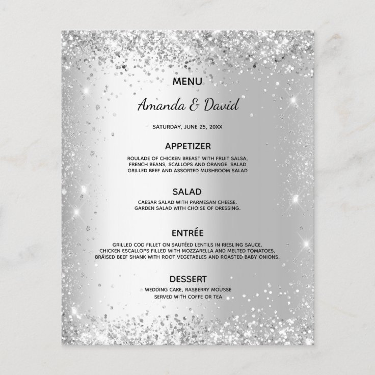 Wedding Menu silver glitter sparkles elegant | Zazzle