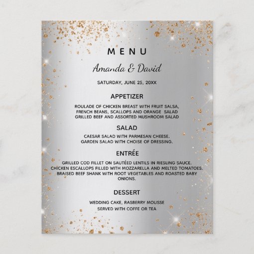 Wedding Menu silver gold glitter sparkles Flyer | Zazzle