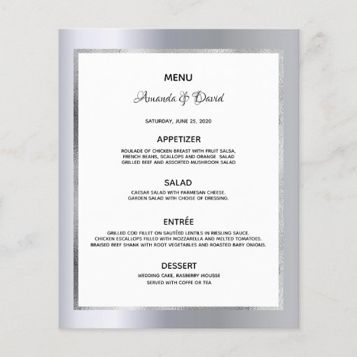 Wedding Menu silver metallic glam elegant | Zazzle