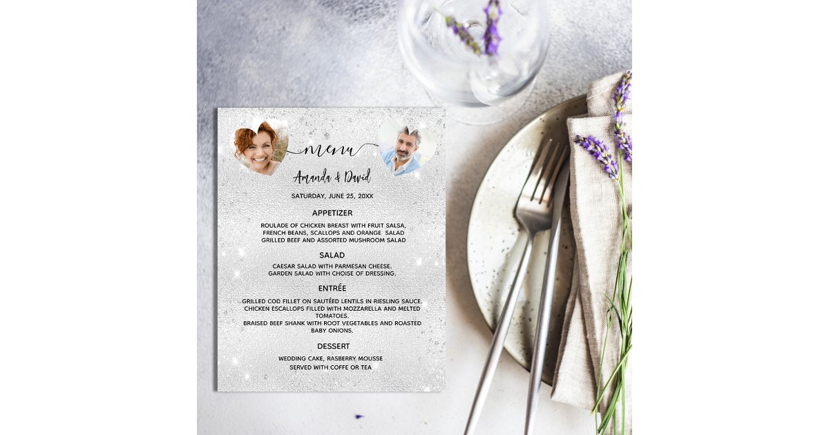 Wedding Menu silver sparkles photo hearts | Zazzle