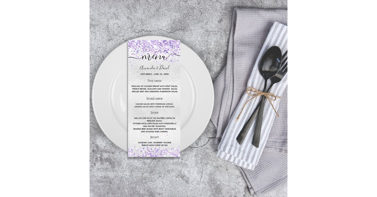 Wedding Menu silver violet confetti | Zazzle