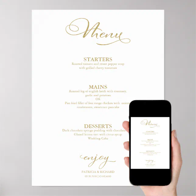 Wedding Menu Simple Elegant Gold Foil Poster | Zazzle